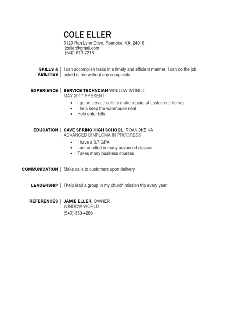 Cole Eller: Skills & Abilities | PDF