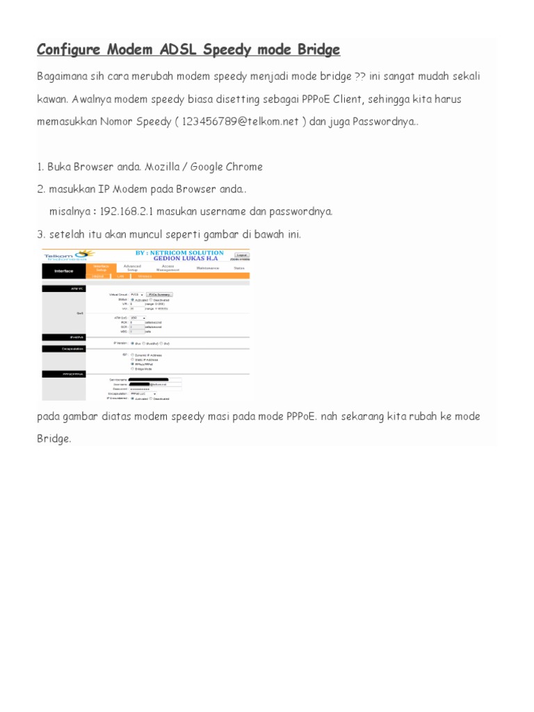 Configure Modem ADSL Speedy Mode Bridge | PDF