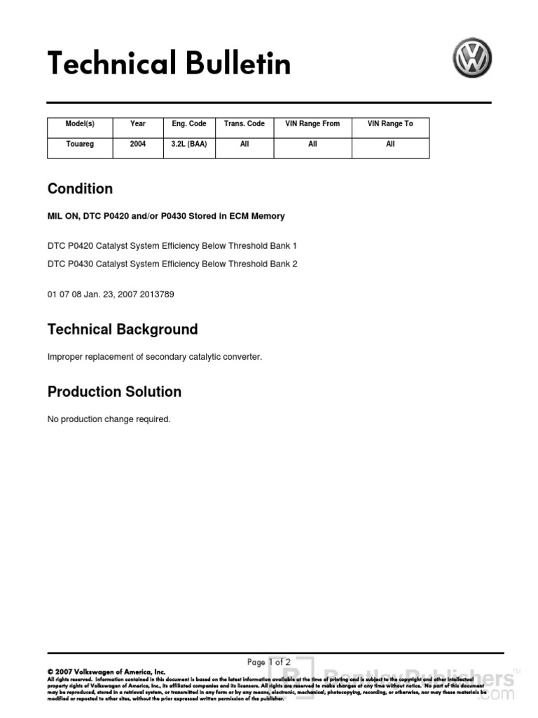 VW - tb.01!07!08 MIL On DTC P0420 and or P0430 Stored in ECM Memory ...