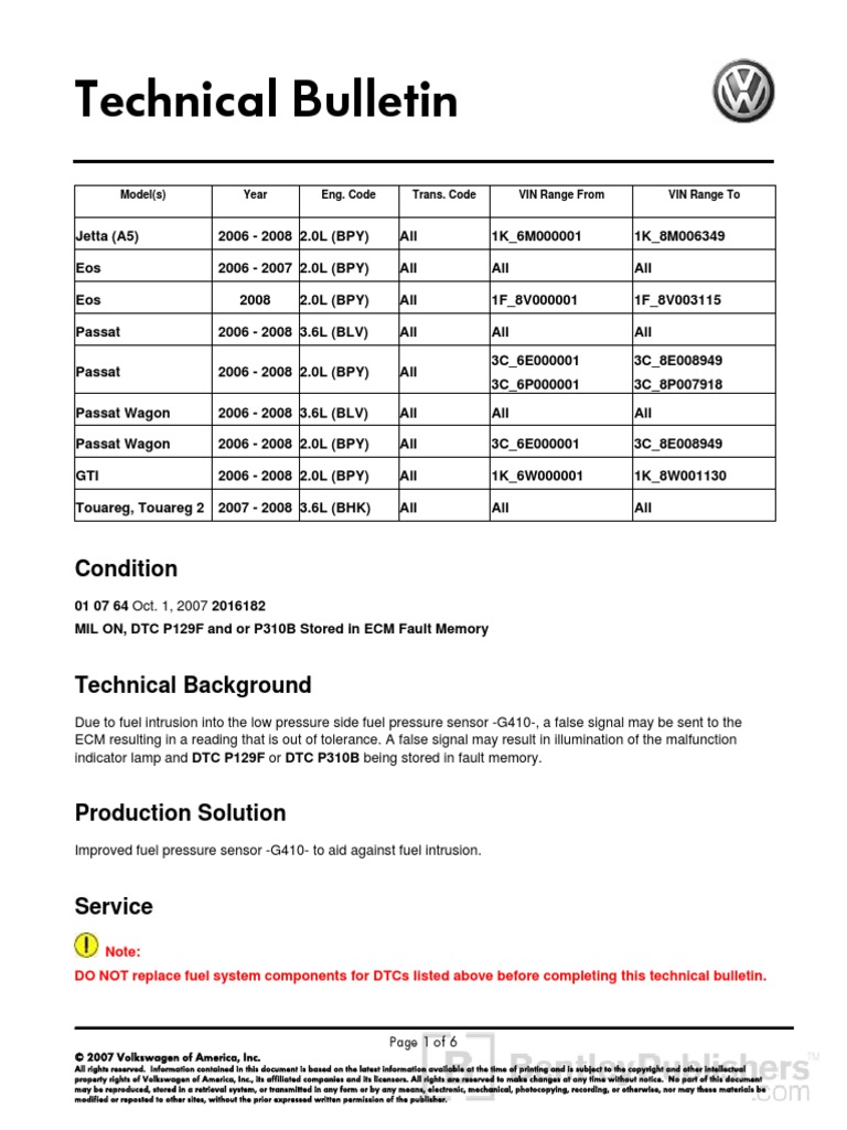 VW - tb.01!07!64 Mil On DTC P129F and or P310B SStored in ECM Fault ...