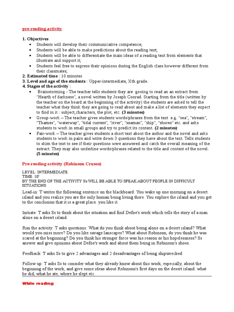 Objectives: Pre-Reading Activity | PDF | Reading Comprehension ...