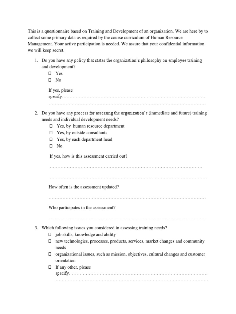 HR Training and Development Questionnaire | Human Resource Management ...