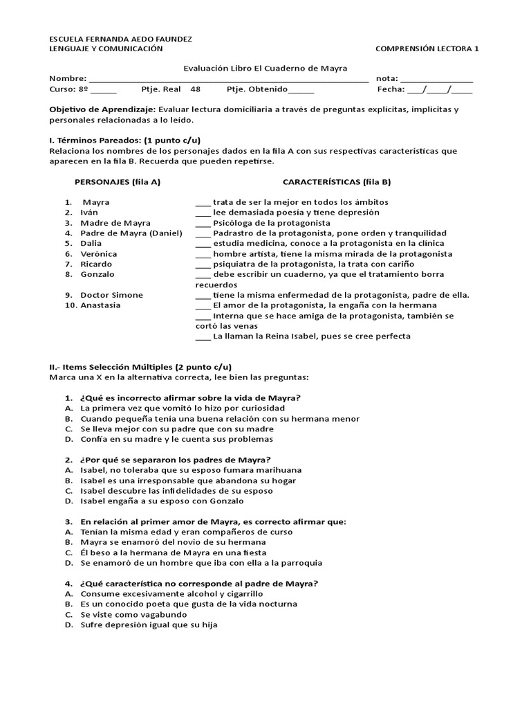 Evaluación Comprensión Lectora: Mayra | PDF | Poesía | Depresión ...