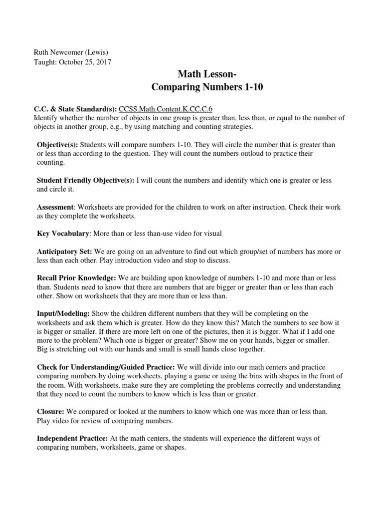 Math Lesson Comparing Number 1 To 10 | Download Free PDF ...