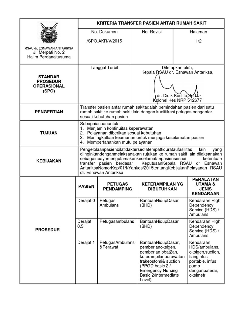 SPO Kriteria Transfer Pasien Antar Rumah Sakit | PDF