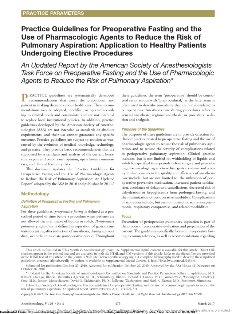 Practice Guidelines for Preoperative Fasting | Anesthesia | Clinical Trial