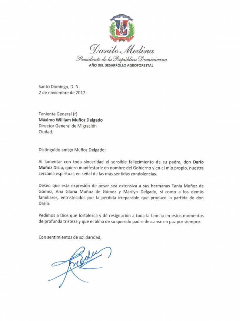 Carta de Condolencias Del Presidente Danilo Medina A Máximo William ...