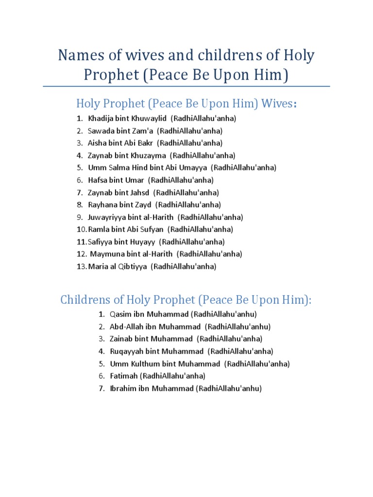Names of Wives and Childrens of Holy Prophet | PDF