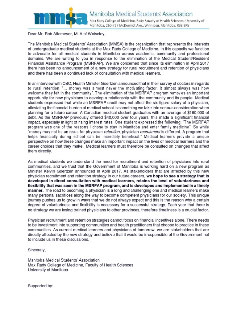 Letter From The Manitoba Medical Students Association | PDF | Medical ...
