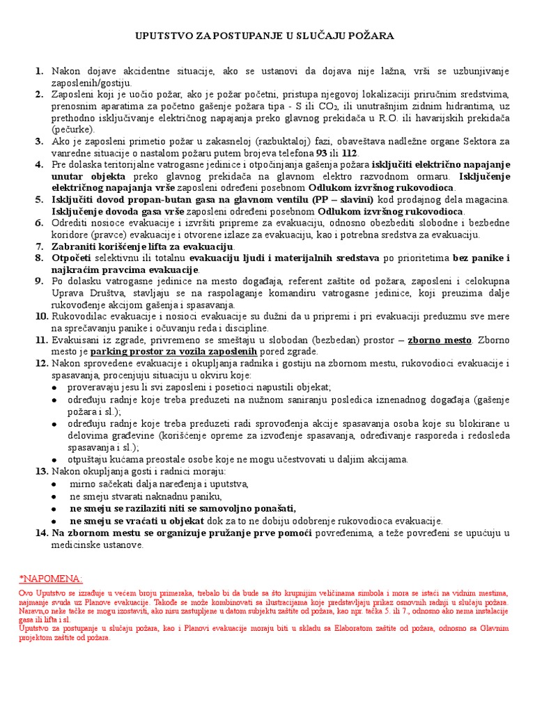 Uputstvo Za Postupanje U Slucaju Pozara | PDF