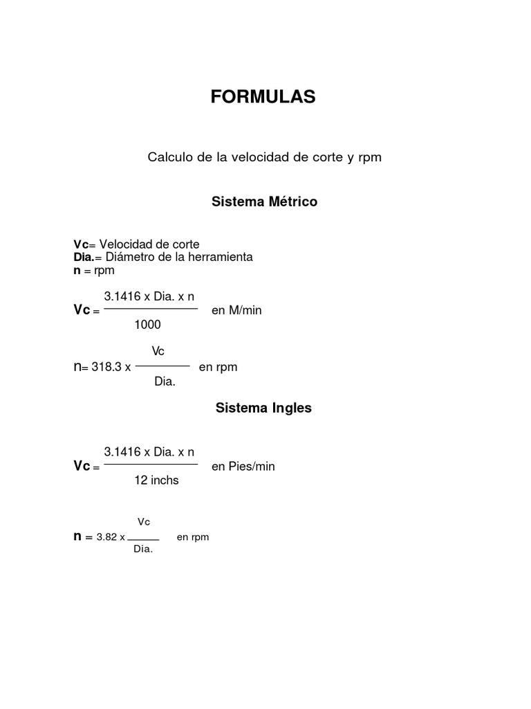 Fórmulas para Calcular RPM y Velocidad de Corte | PDF