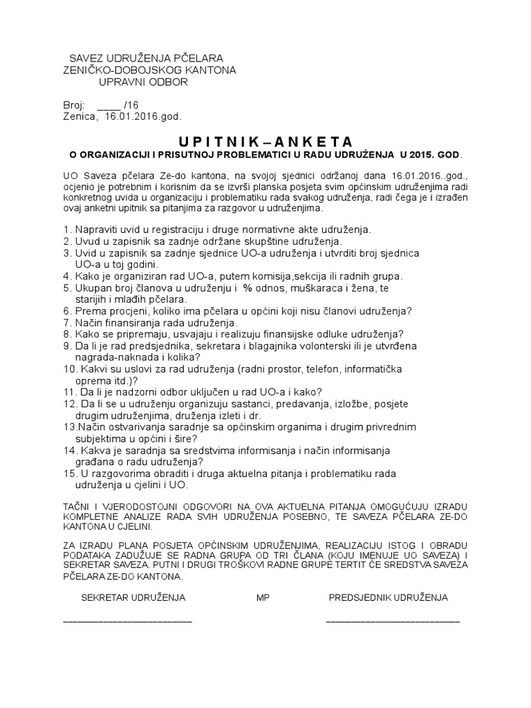 UPITNIK - Za Uvid U Rad Udruženja | PDF