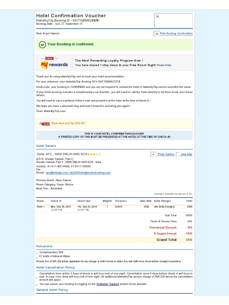 Hotel Confirmation Voucher: Your Booking Is Confirmed | PDF | Hotel | Fee