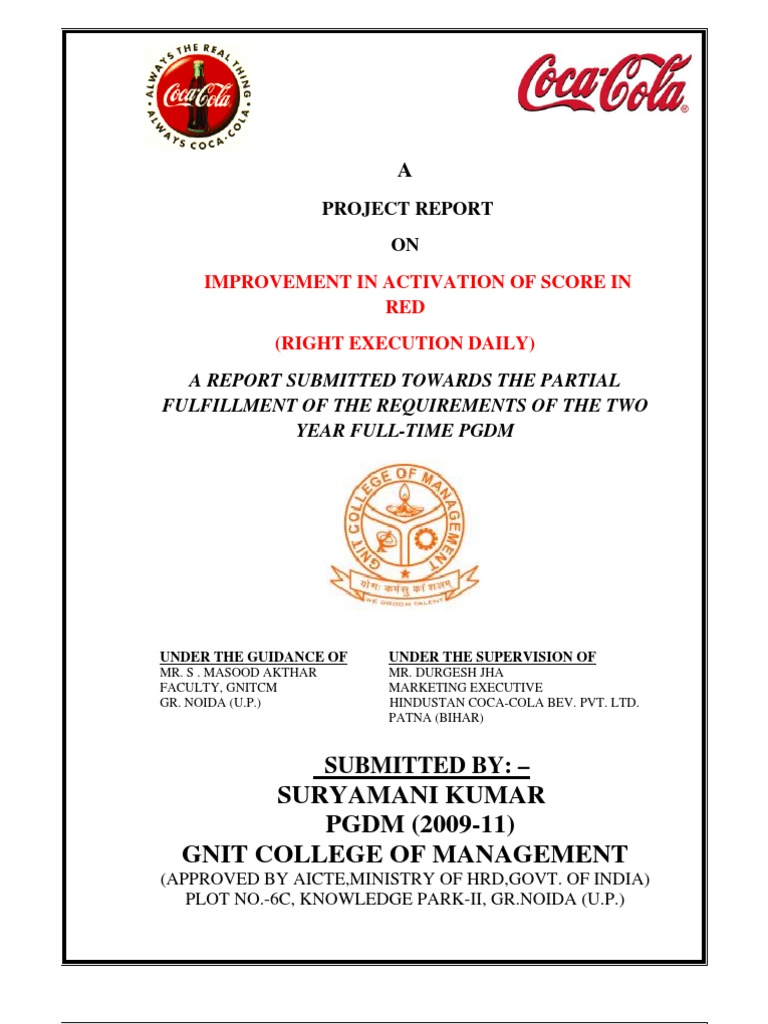 Suryamani Cocacola Project | PDF | Coca Cola | Pepsi Co