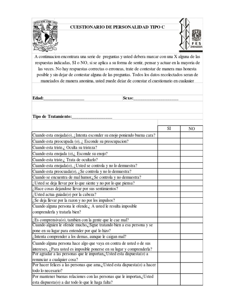 Cuestionario De Personalidad Tipo C Pdf
