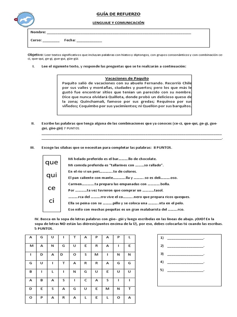Guía de Refuerzo Segundo Basico Lenguaje Ce Ci Que Qui Ge Gi... | PDF ...