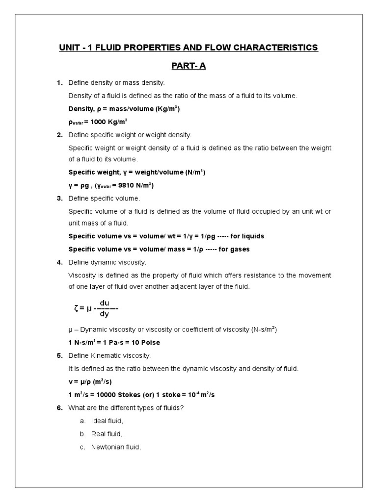 Unit - 1 Fluid Properties and Flow Characteristics Part-A | Download ...
