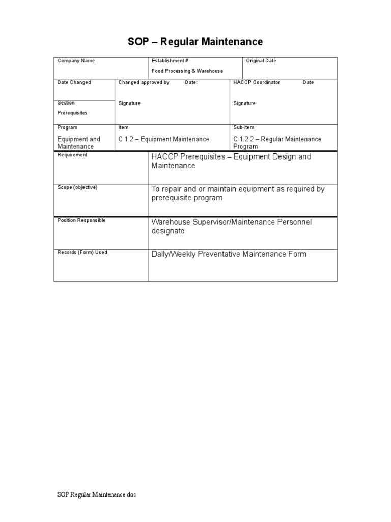 SOP - Regular Maintenance: Equipment and Maintenance C 1.2 - Equipment ...
