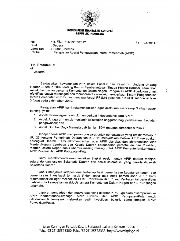 Surat Penguatan APIP (KPK) | PDF