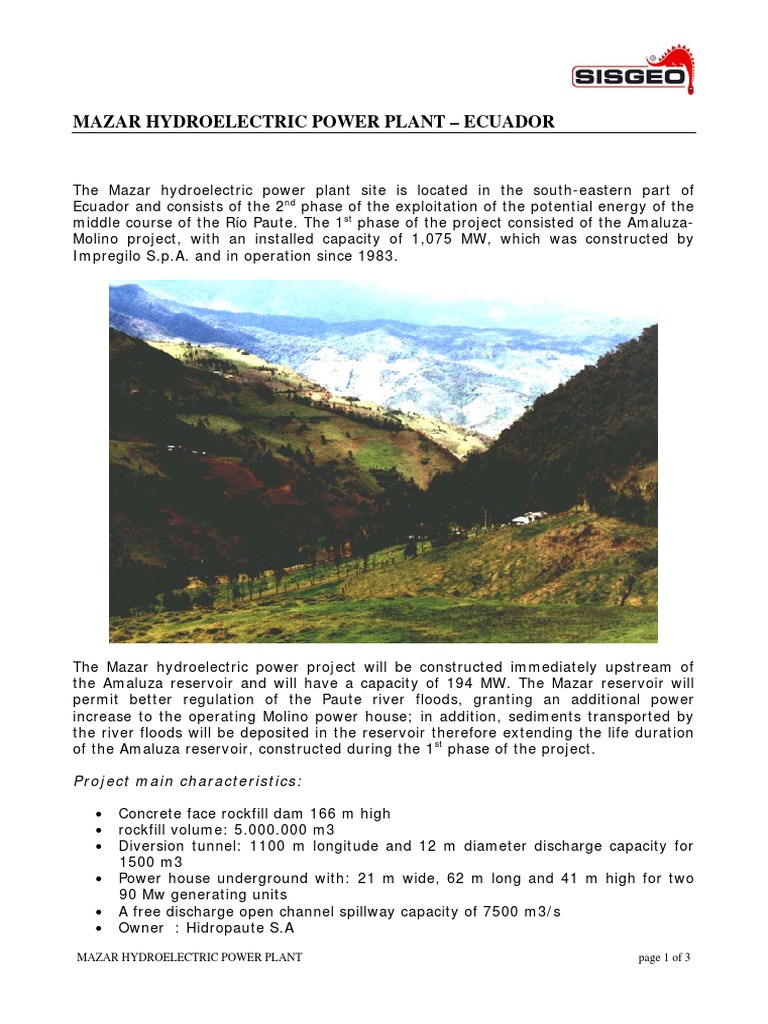 Mazar Hydroelectric Power Plant - Ecuador: Project Main Characteristics ...