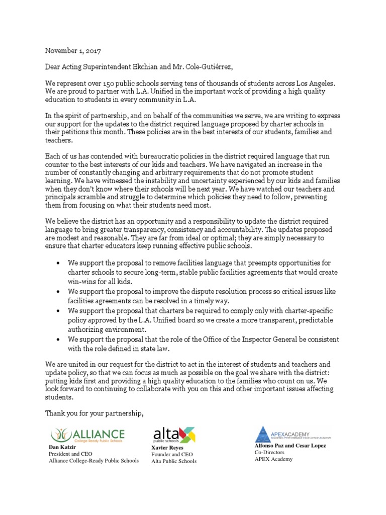 Charter Community DRL Letter of Support (3) C | PDF | School Types ...