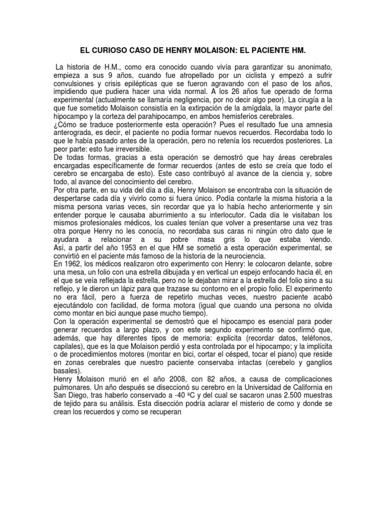 Amnesia de HM: El Caso de Henry Molaison | PDF | Memoria | Cerebro