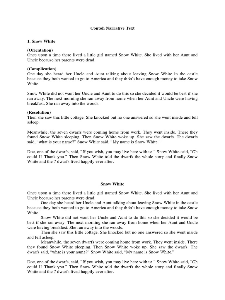 Snow White: A Narrative Text Example | PDF | Mystery, Thriller & Crime ...