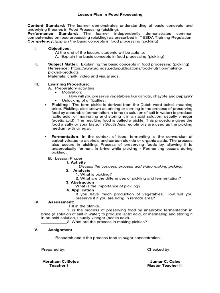 Lesson Food Processing Pickling | PDF | Pickling | Fermentation