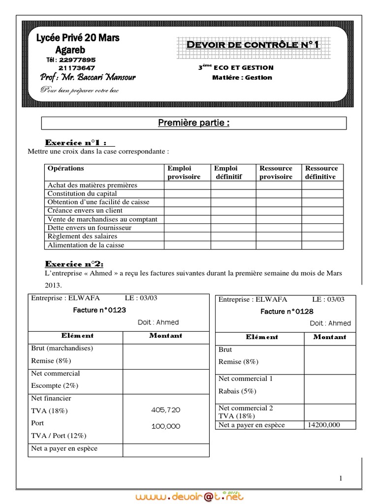 Devoir de Contrôle N°1 - Gestion - 3ème Economie & Gestion (2012-2013) MR Baccari Mansour | PDF ...
