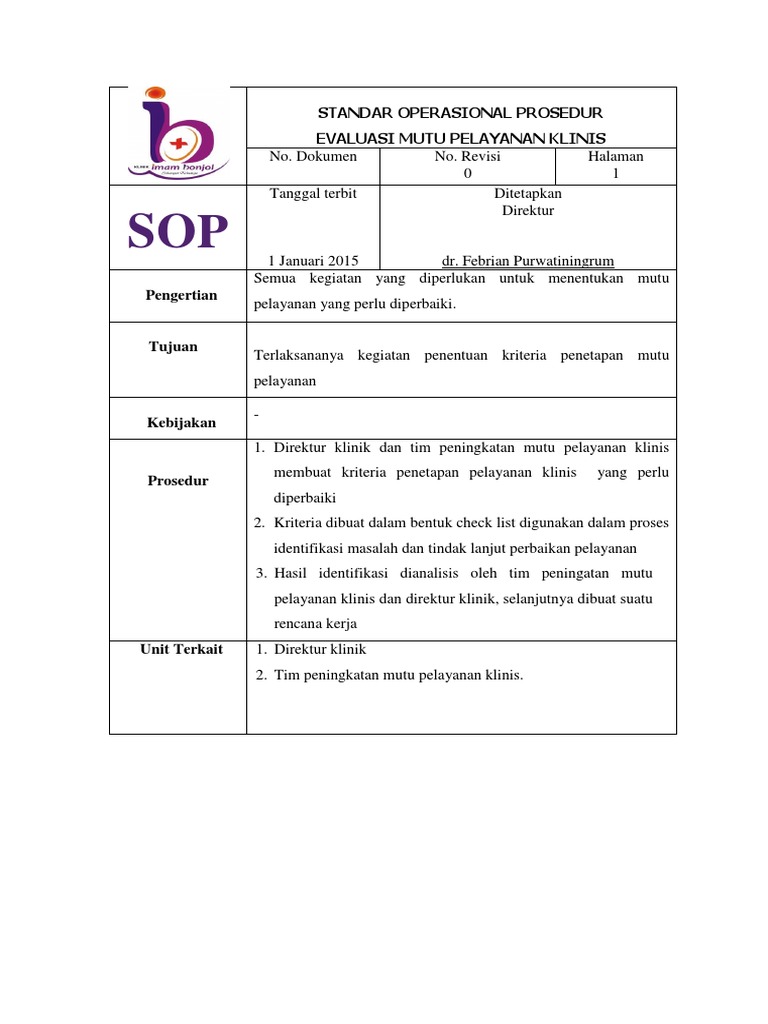 SOP Evaluasi Mutu Pelayanan Klinis | PDF