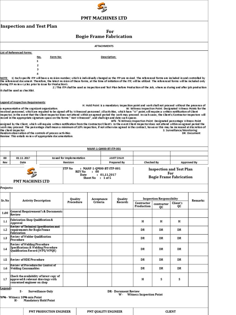 PMT Machines LTD Inspection and Test Plan For Bogie Frame Fabrication ...