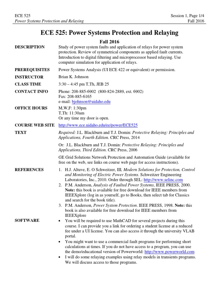 ECE 525: Power Systems Protection and Relaying: Fall 2016 | PDF ...