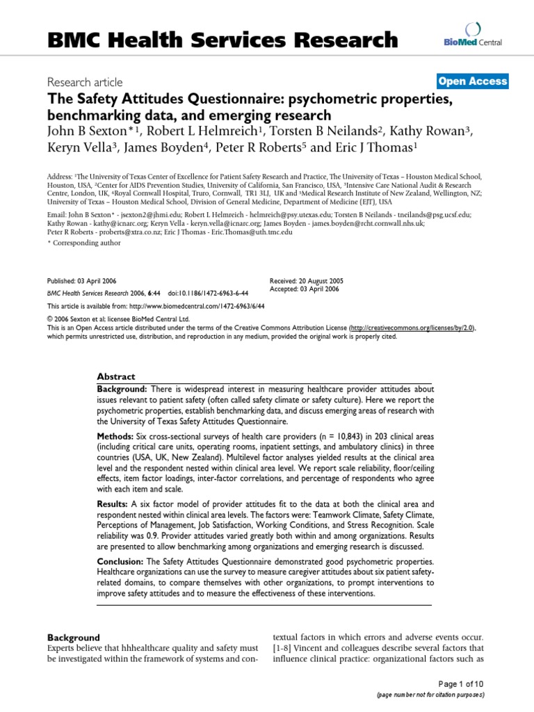 Safety Attitudes Questionnaire | PDF | Survey Methodology | Intensive ...