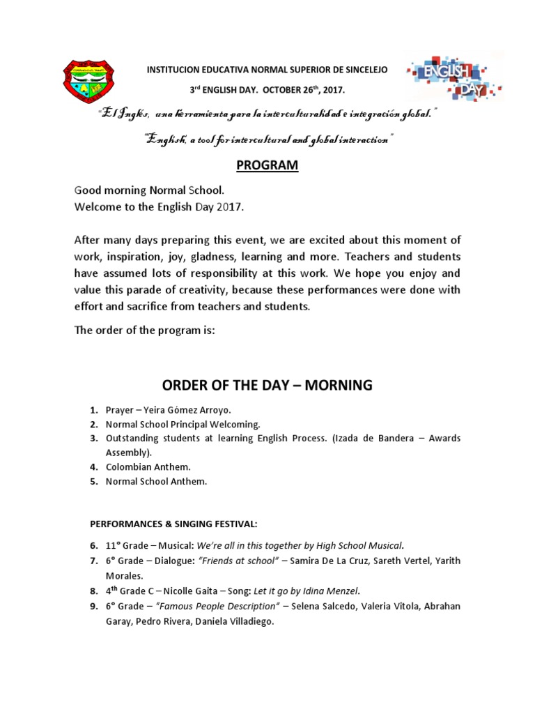 English Day 2017 Programa - Matinal Vespertina | PDF | Leisure ...