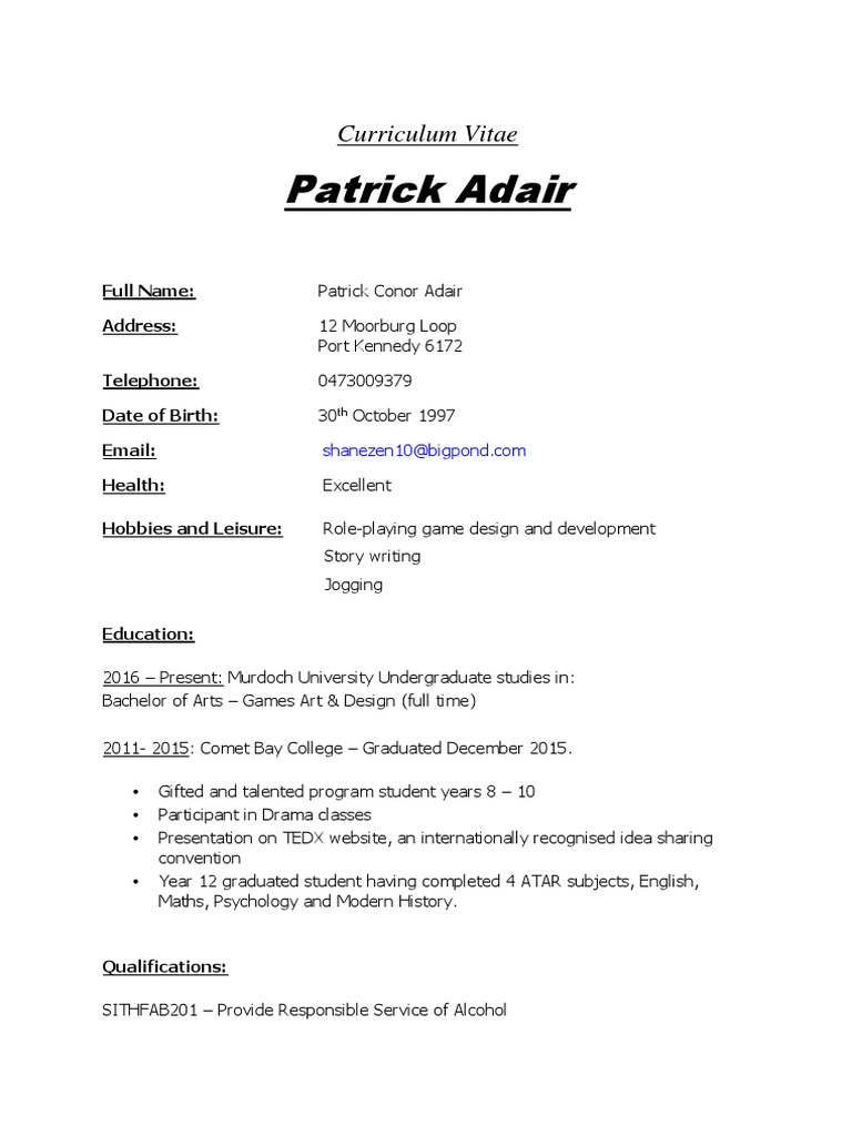 Patrick Adair: Curriculum Vitae | PDF | Educational Stages | Academia