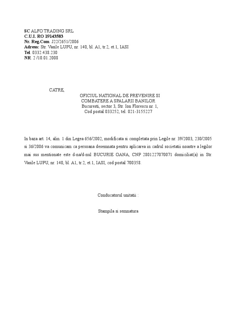 Model Adresa Oficiul Spalarii Banilor OANA | PDF