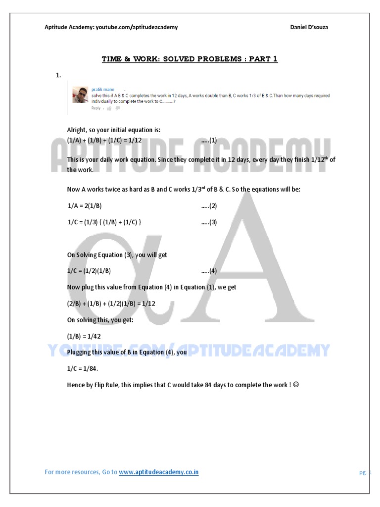 Time and Work Problems Part 1 | PDF | Teaching Mathematics | Mathematical Analysis