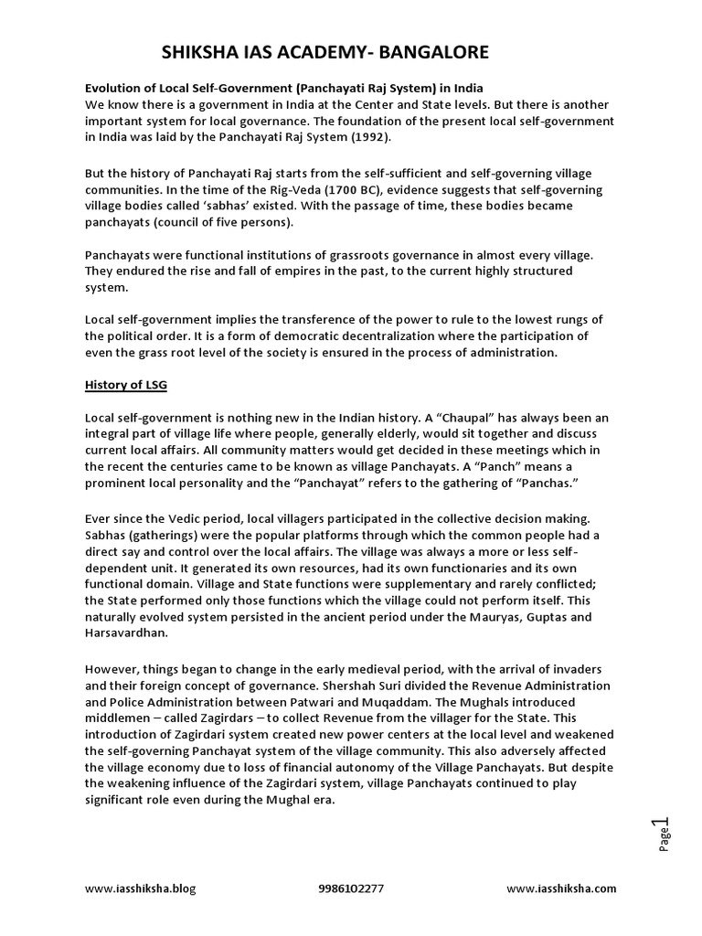 Evolution of Local Self-Government in India | PDF | Government Of India ...