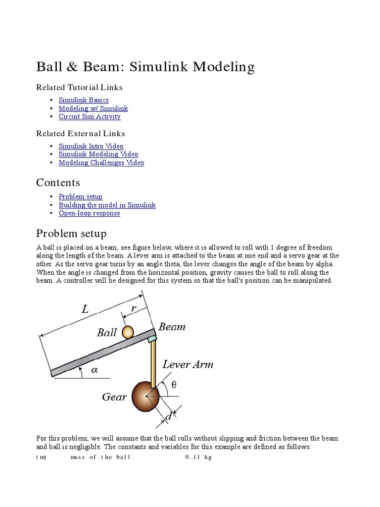 Ball & Beam: Simulink Modeling: Related Tutorial Links | PDF | Lagrangian Mechanics | Function ...