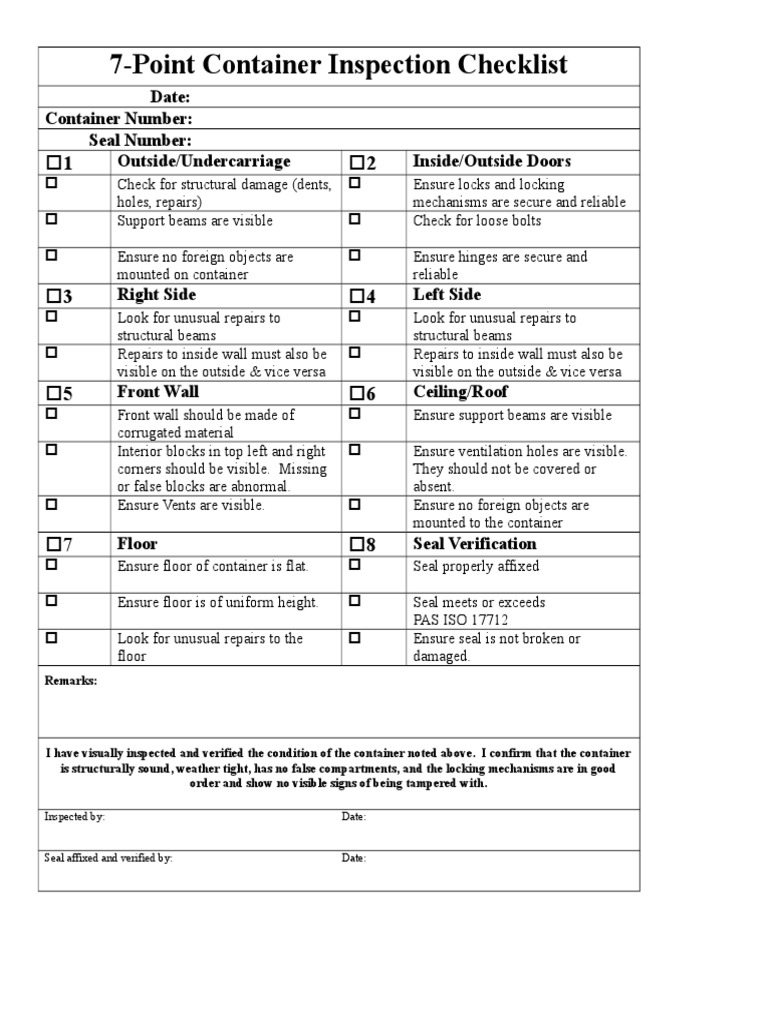CTPAT 7-Point Container Seal Inspection Checklist | Door | Wall