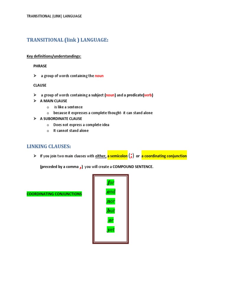 Transitional (Link) Language:: Key Definitions/understandings: Phrase | PDF