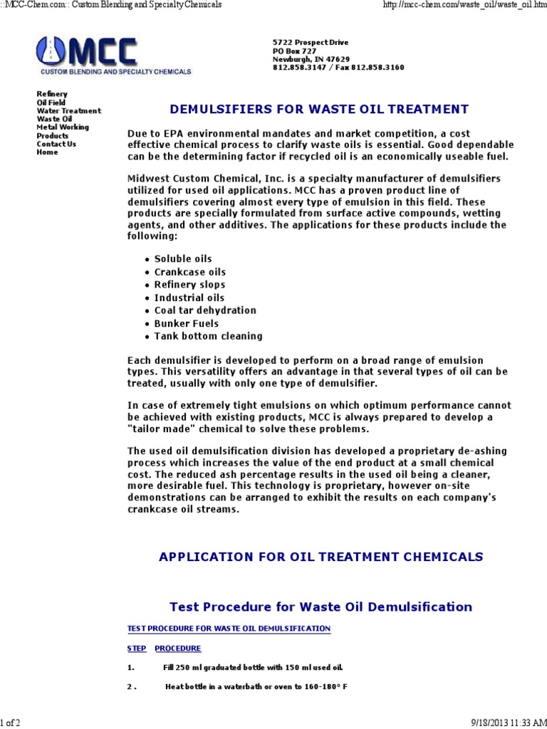 Demulsifiers For Waste Oil Treatment | PDF | Emulsion | Petroleum