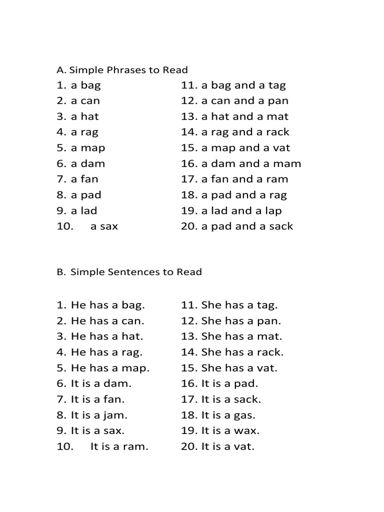 Simple Reading Phrases and Sentences | PDF