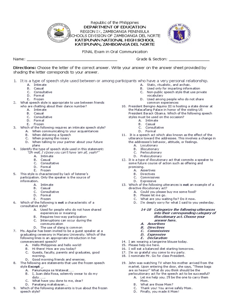 FINAL EXAM Exam in Oral Communication2 | Conversation | Public Speaking