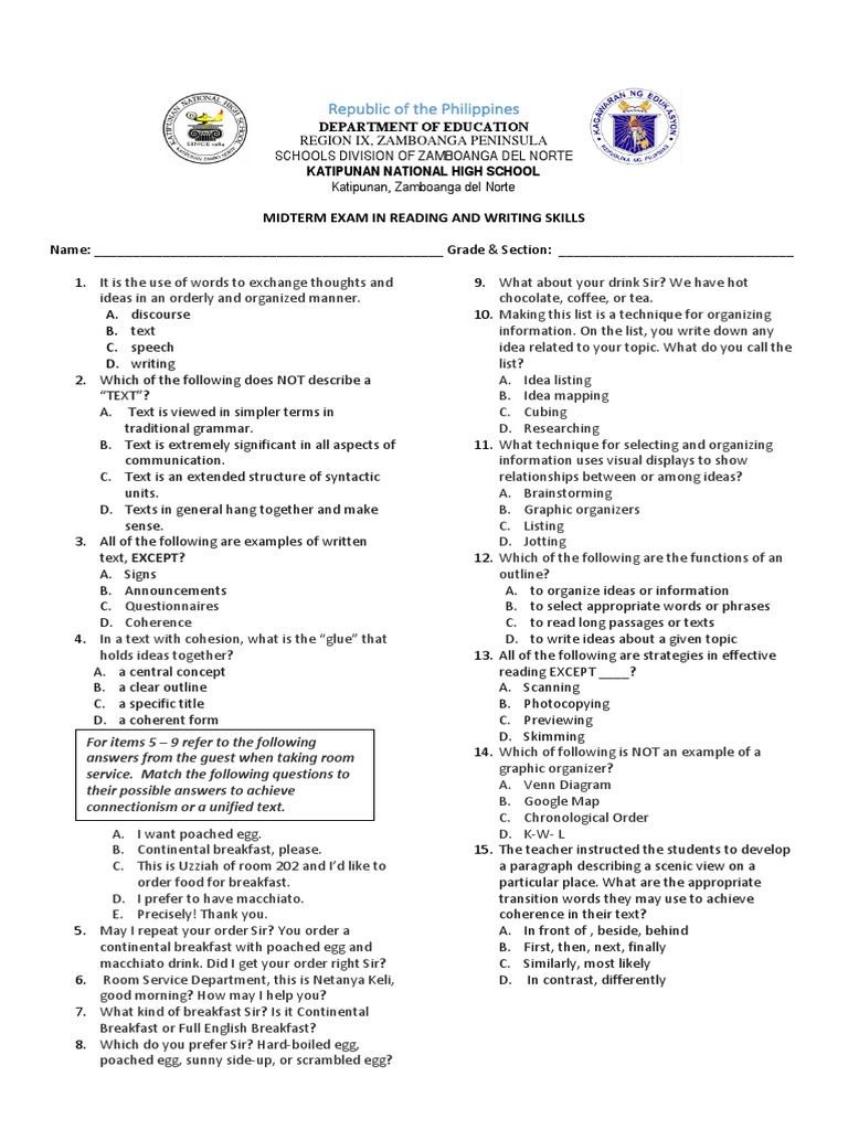 Grade 11 Midterm Exam: Reading & Writing | PDF | Human Communication ...