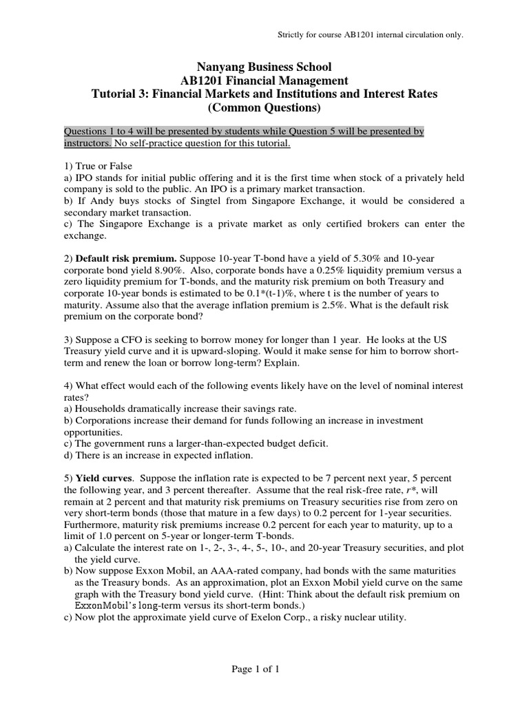 Nanyang Business School AB1201 Financial Management Tutorial 3: Financial Markets and ...