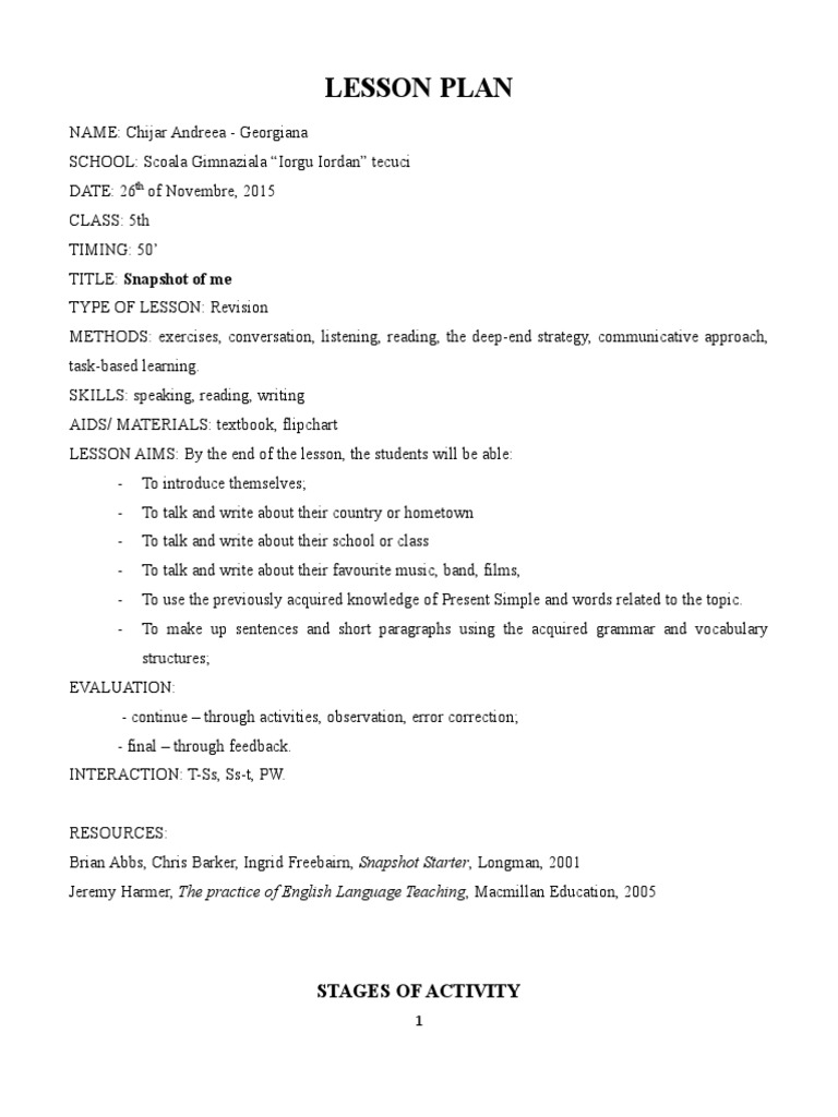 LESSON PLAN-snapshot of Me | PDF | Reading Comprehension | Human ...