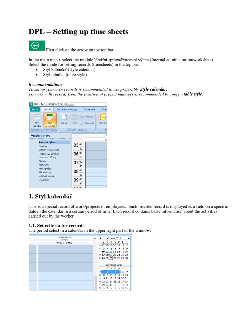 DPL - Setting Up Time Sheets: 1. Styl Kalendář | PDF | System Software | Software