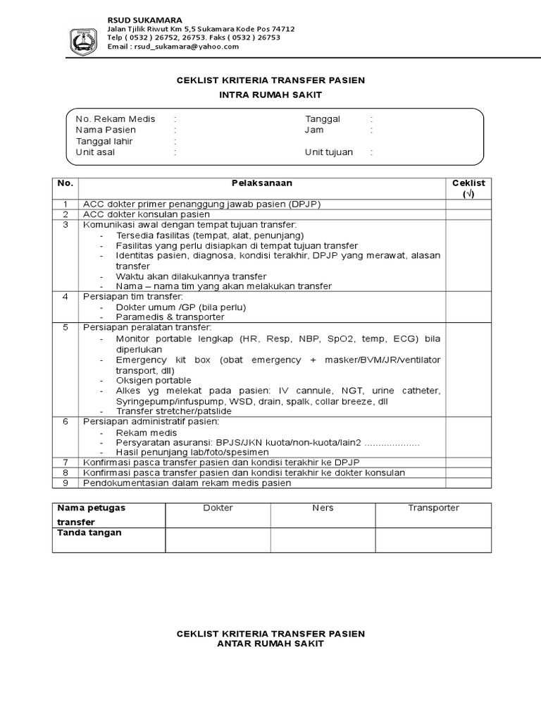 Cek List Kriteria Transfer Pasien | PDF