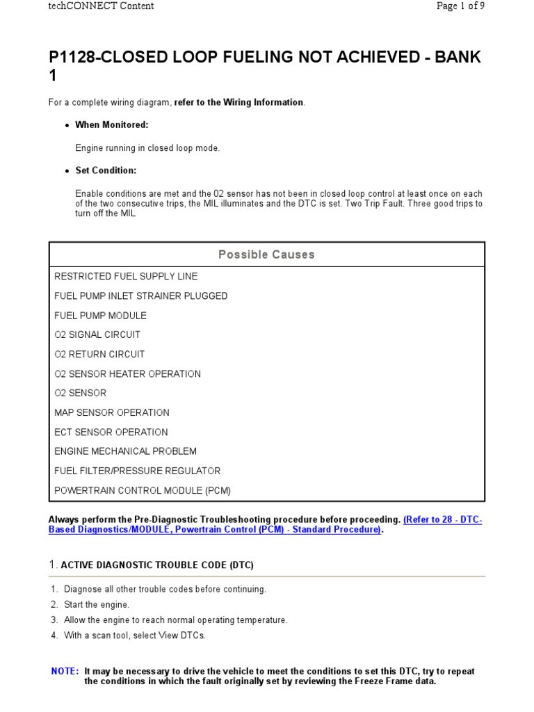 P1128 Closed Loop Fueling Not Achieved Bank 1